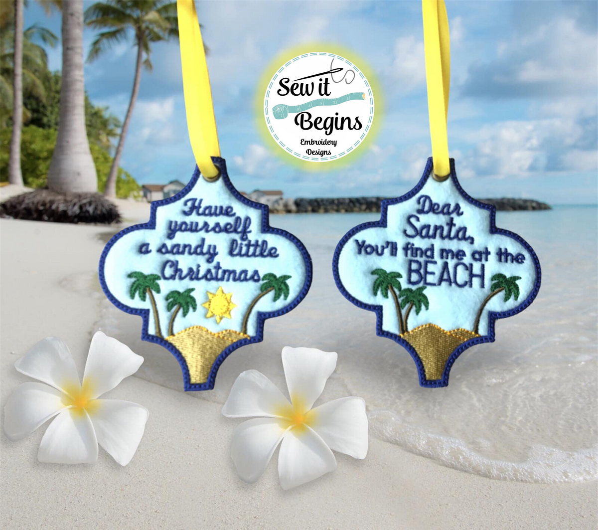 Sandy Christmas at the Beach Arabesque Shaped Decorations 4x4 Set of 2 ...