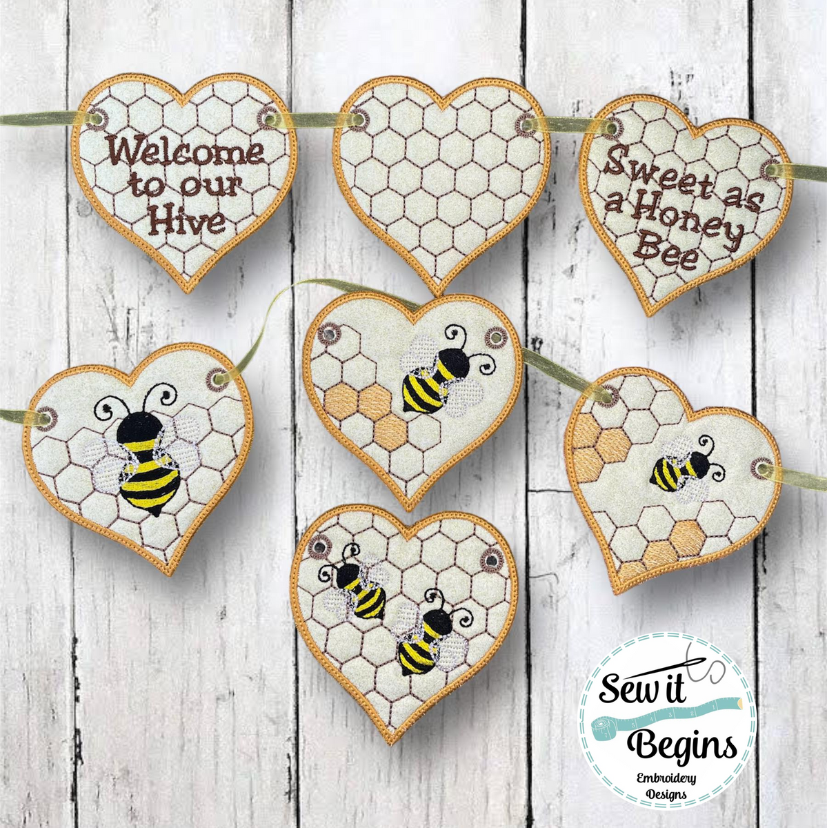 Bee Hive Honey Bee Hearts Banner/Coasters 4" Heart Decorations Set of ...