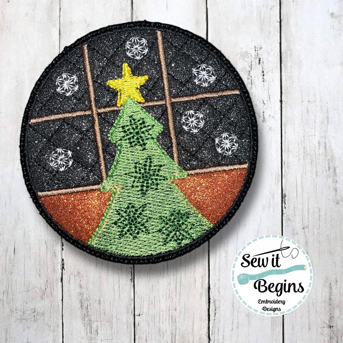 Merry Christmas 4x4 Circle Coaster with Christmas Tree and Window - Di ...