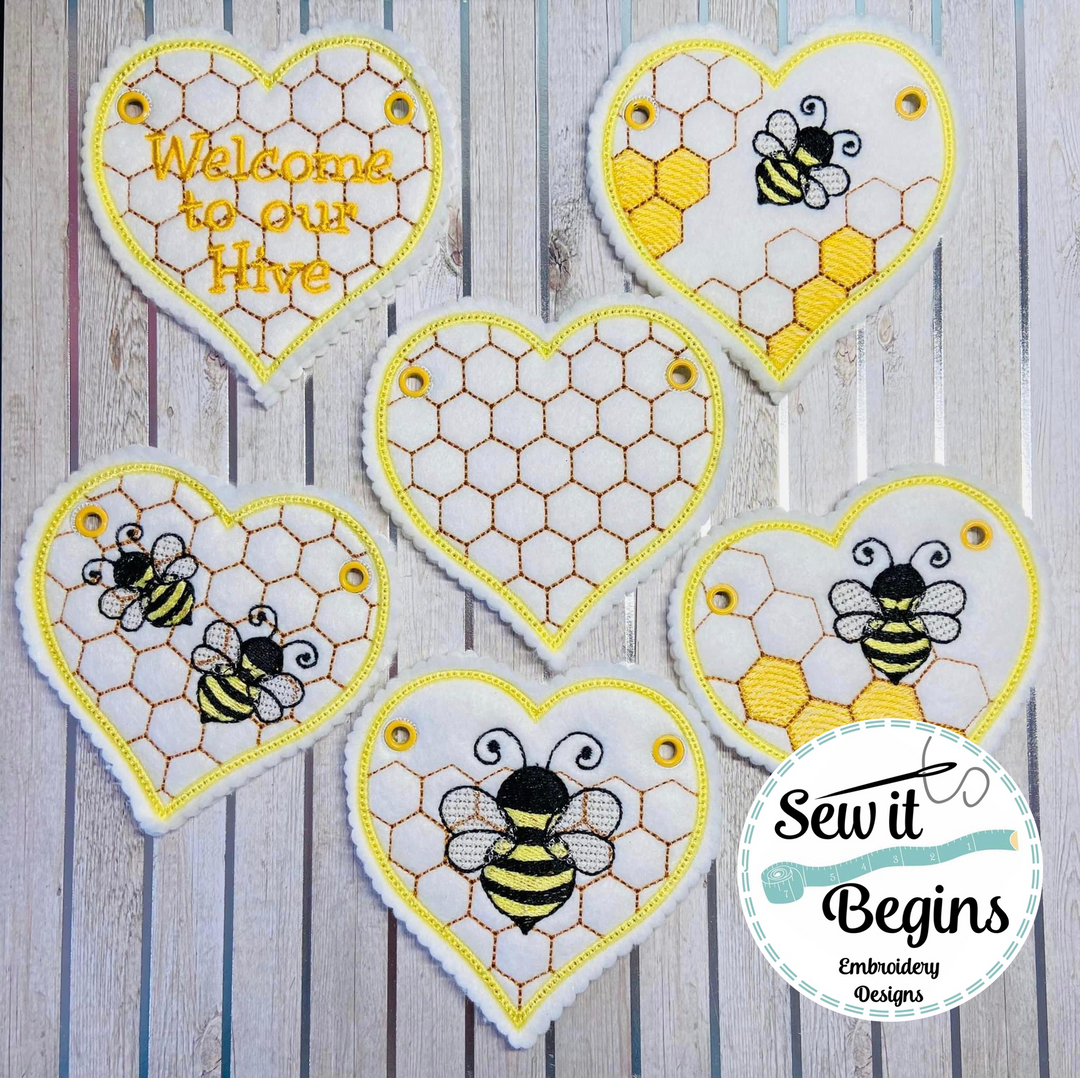 Bee Hive Honey Bee Hearts Banner/Coasters 4" Heart Decorations Set of ...