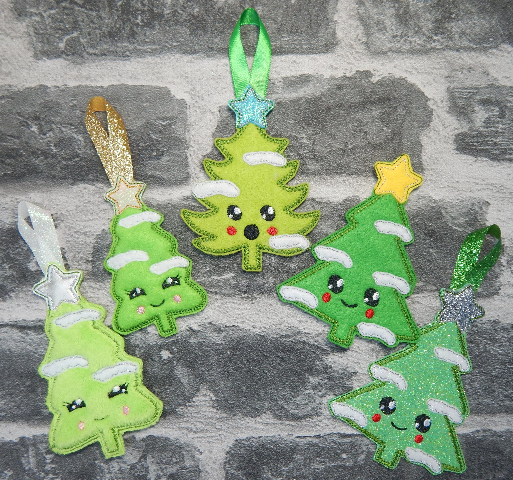 Set of 3 Cute Kawaii Christmas Trees 4 x 4 In The Hoop Embroidery Desi ...