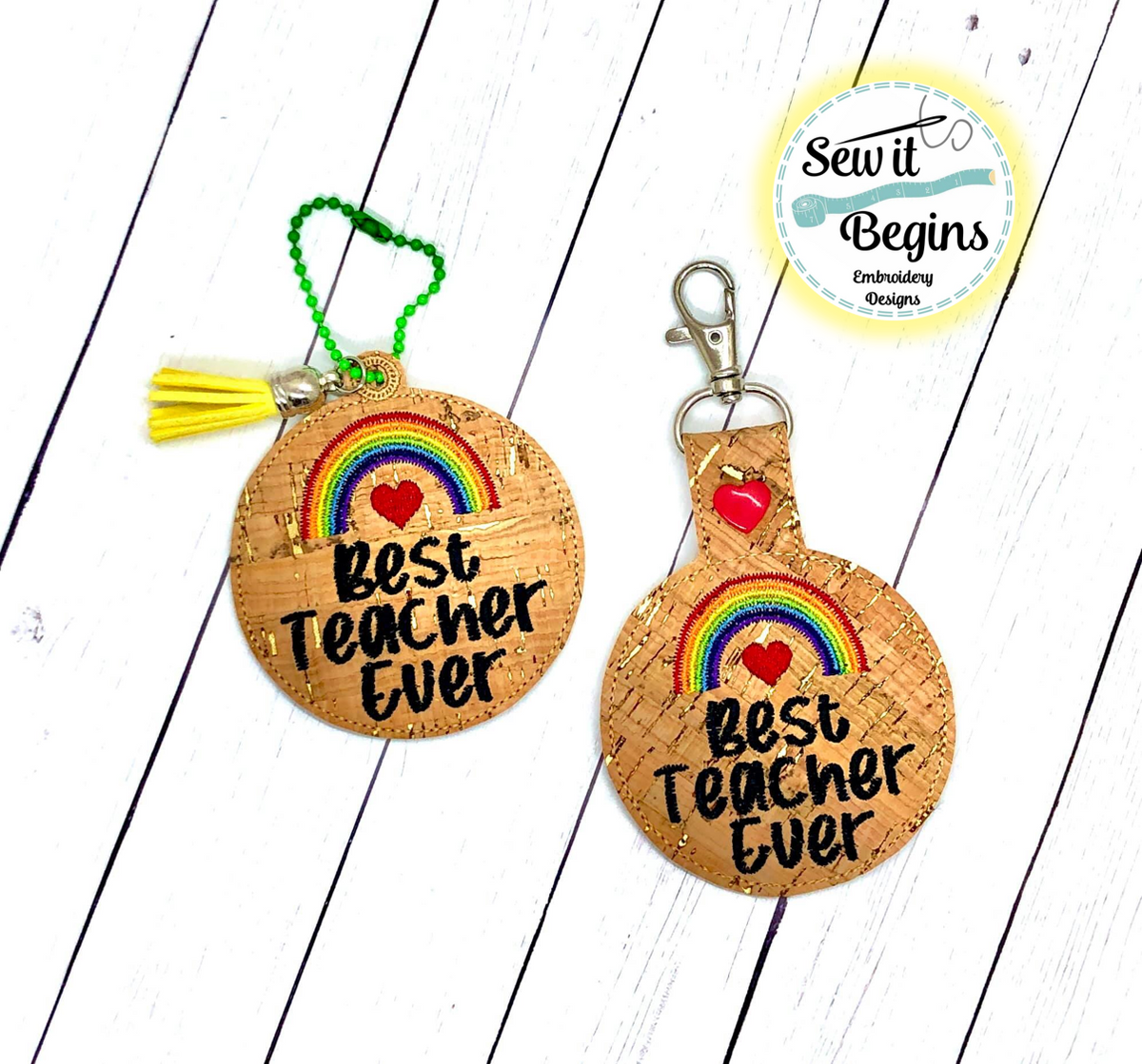 Best Teacher Ever Rainbow Key Rings with Snap Tab and Eyelet Fob Desig ...